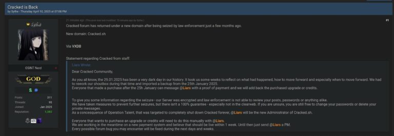 Rinascita Crack.io: Cracked.sh è tornato online