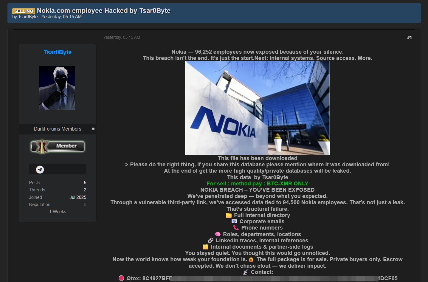 Nokia under attack: database of nearly 100,000 employees appears for sale on DarkForums.
